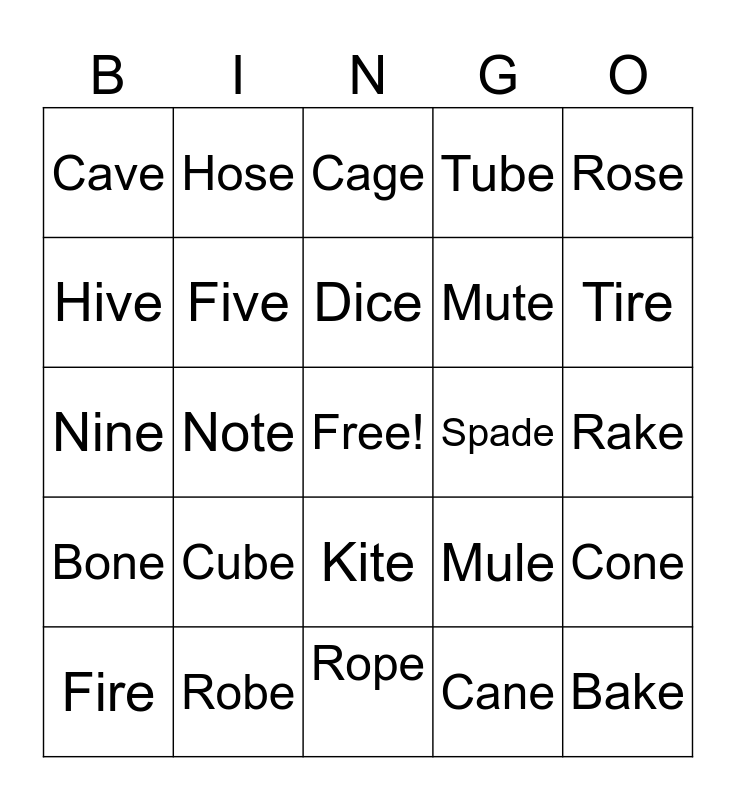 Long Vowel CVCe Bingo Card