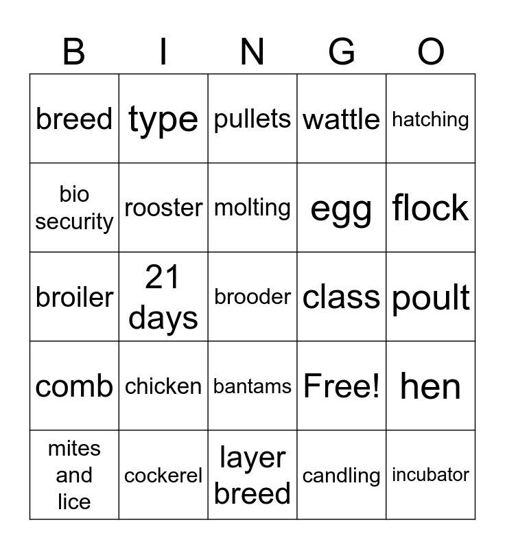 Poultry Bingo Card