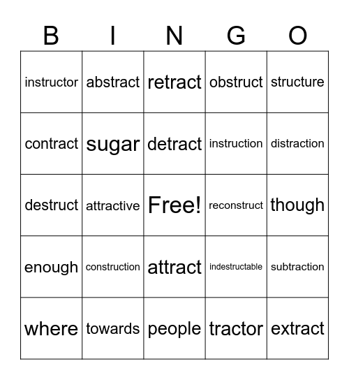 Tract and Struct Bingo Card
