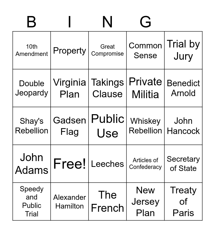 Colonial America Bingo Card