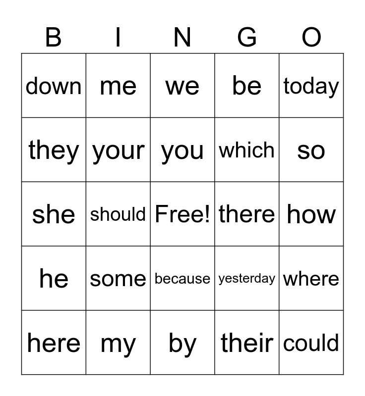 Tricky Words Bingo Card
