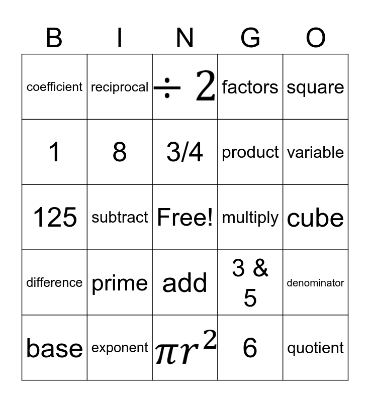 Exponents and Powers Bingo Card