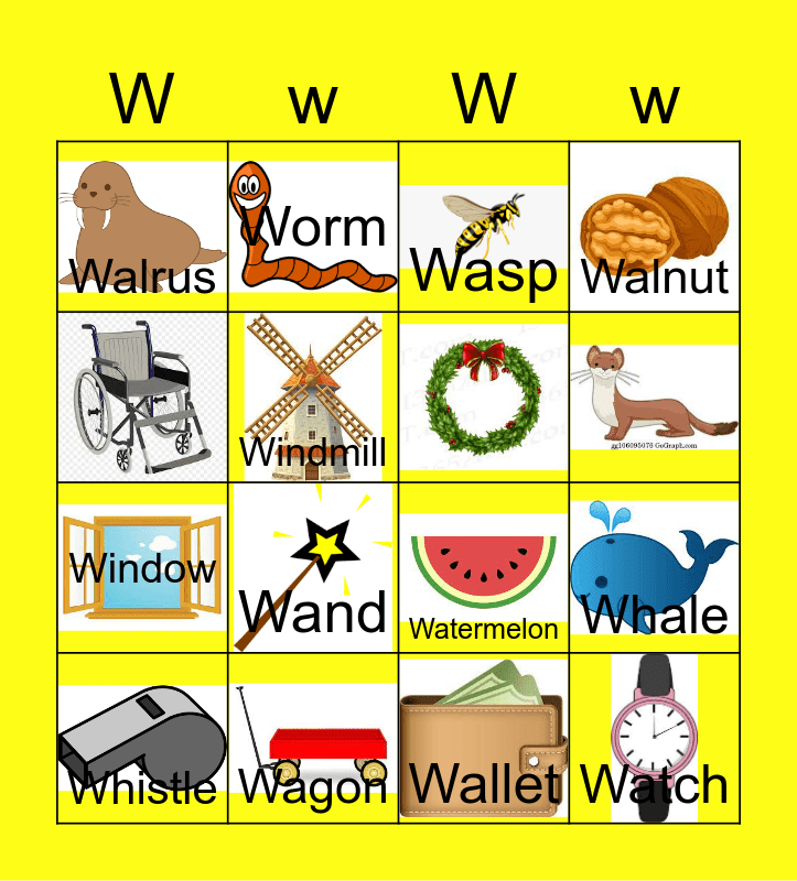 Letter W Bingo Card