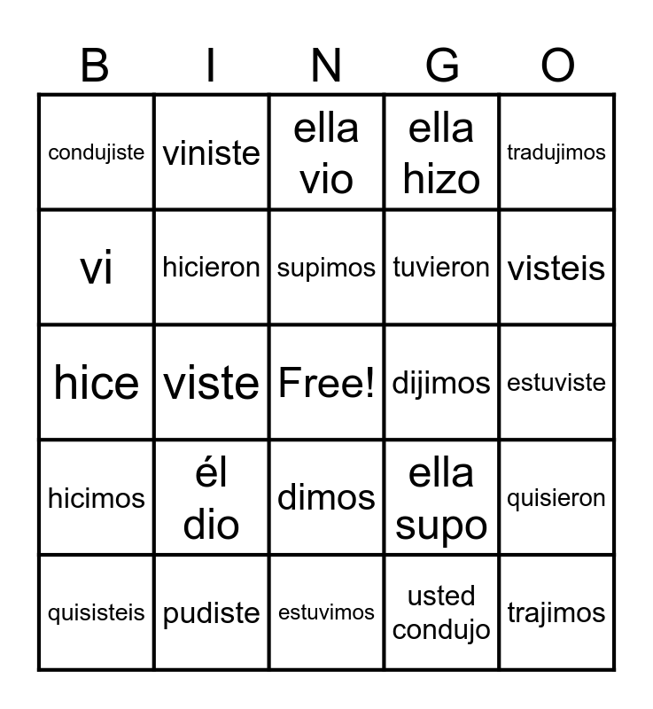 Irregular Preterite Bingo Card