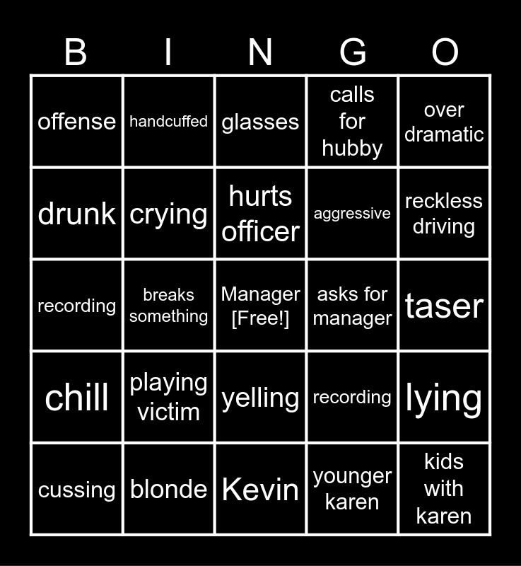 Karen Blackout Bingo Card