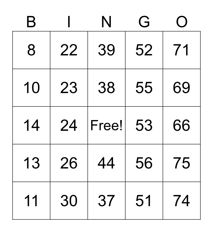 Number Bingo 1-75 Bingo Card