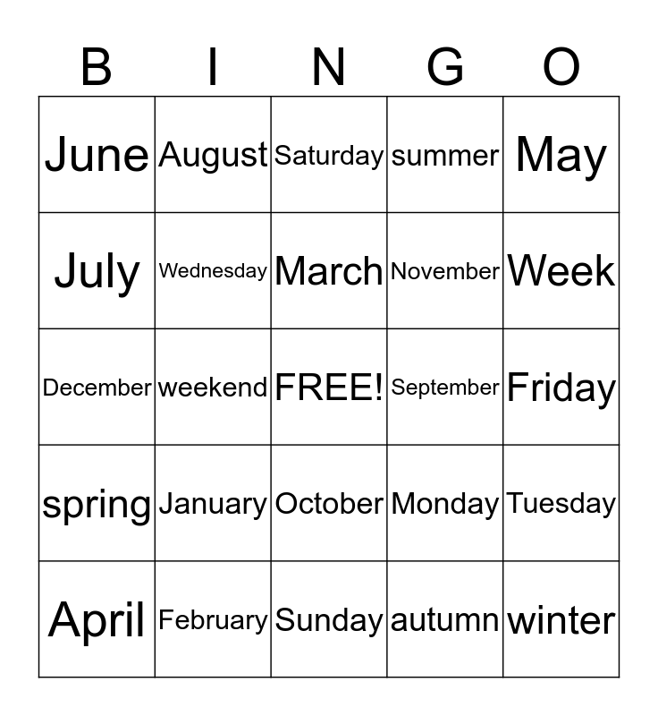 Months, Days of the Week, Seasons Bingo Card