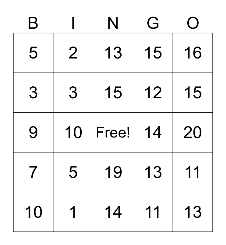 Number Bingo (1-20) Bingo Card