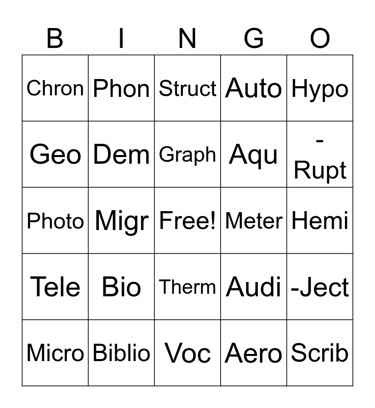 Root Words Bingo Card