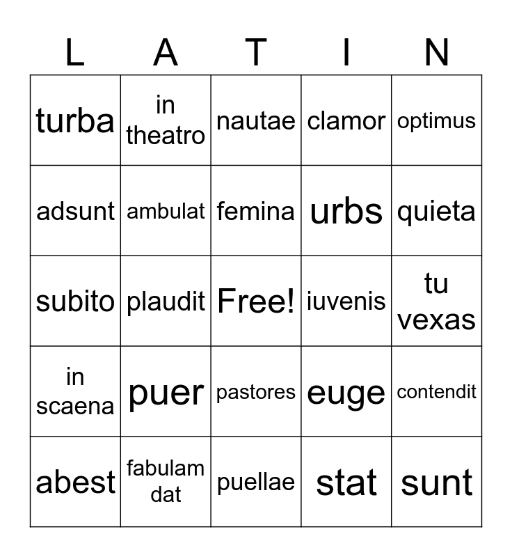 Latin Chapter 5 Bingo Card