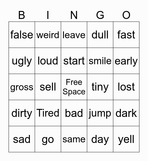 Synonym and Antonym Bingo Card
