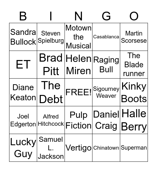 Hollywood Bingo Part III Bingo Card