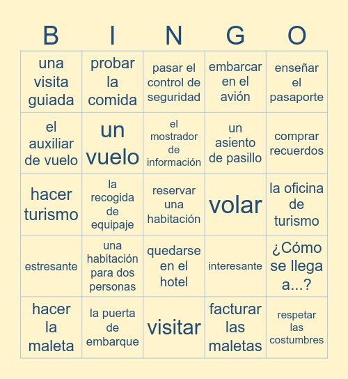 Los viajes y las vacaciones Bingo Card