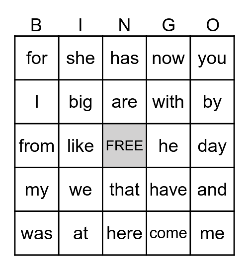 Kindergarten Sight word Bingo Card