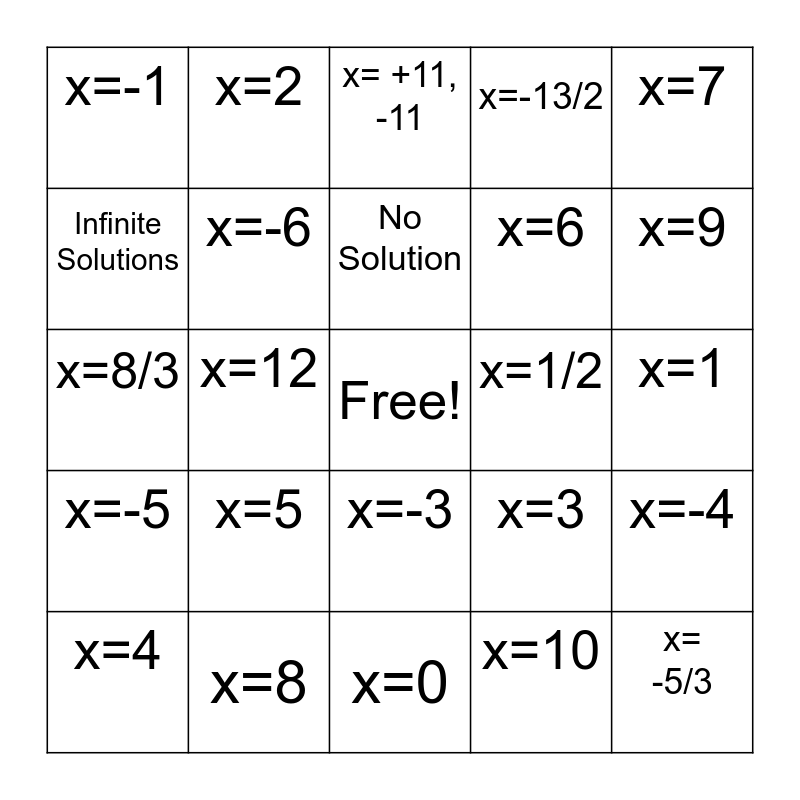 Multi-Step Equations Bingo Card