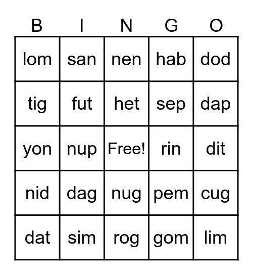 Nonsense Word Bingo Card