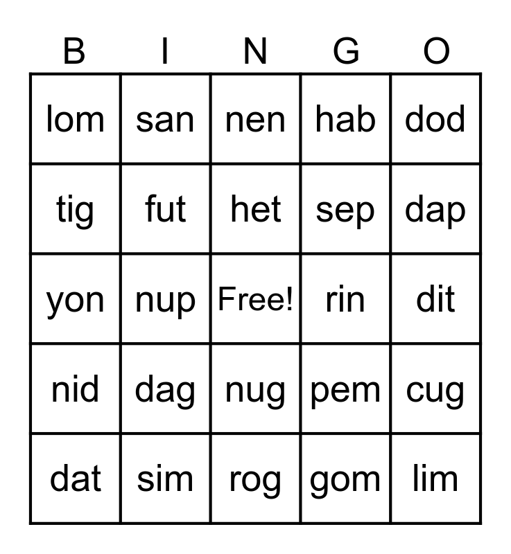 Nonsense Word Bingo Card
