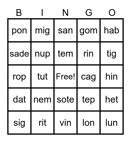 Nonsense Words Bingo Card