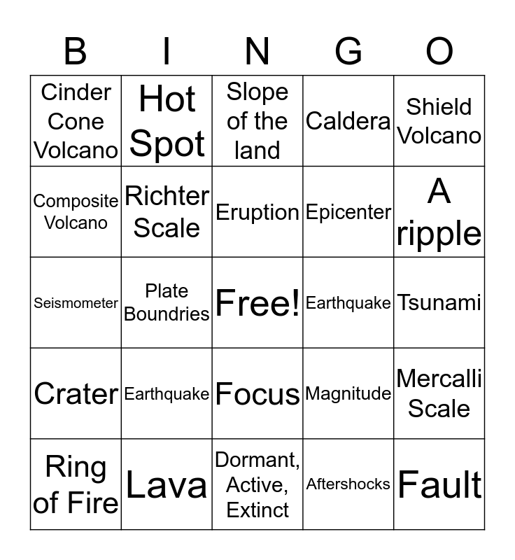 Earthquake and Volcano Bingo Card