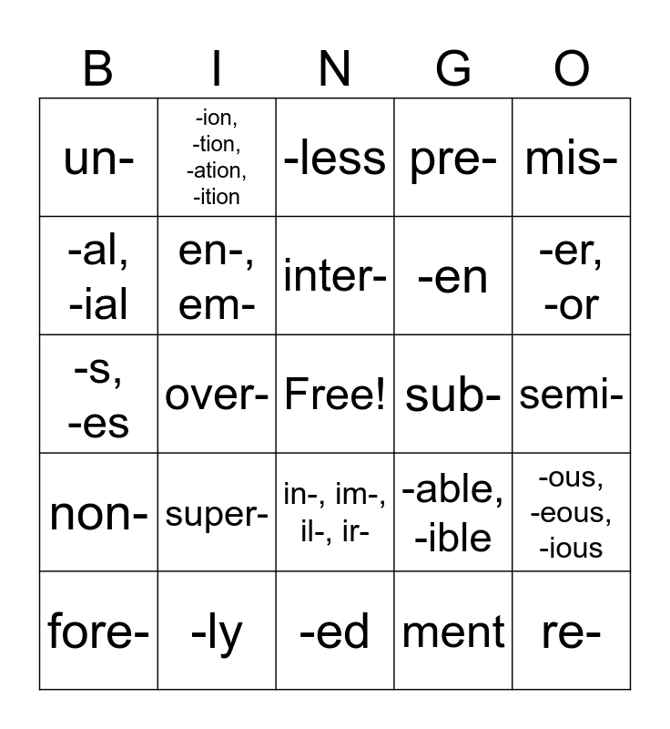 Greek and Latin: Prefix & Suffix Bingo!!! Bingo Card