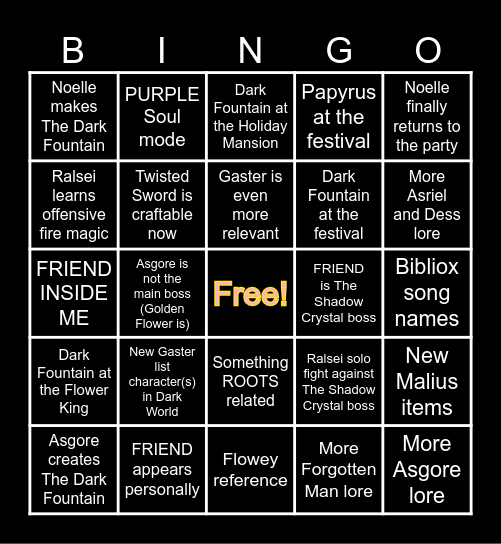 Deltarune Chapter 5 Bingo Card