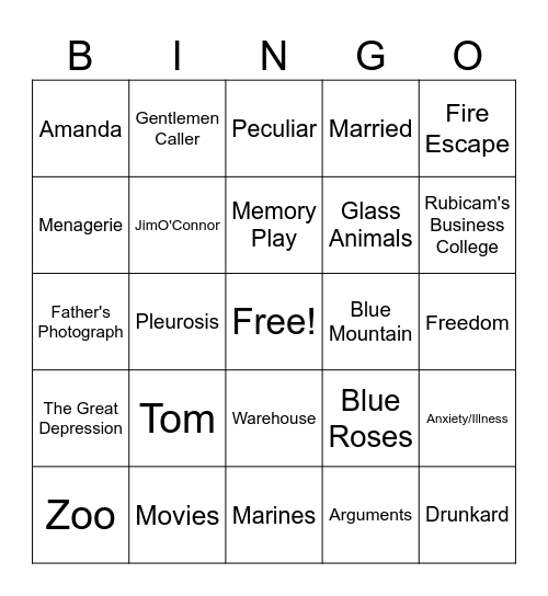 The Glass Menagerie Bingo Card