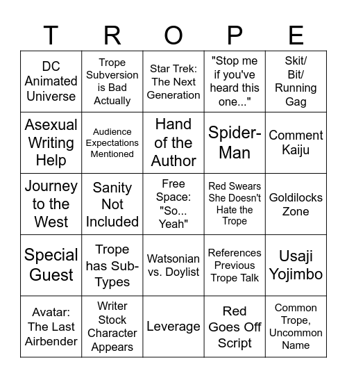 Trope Talk Bingo Card