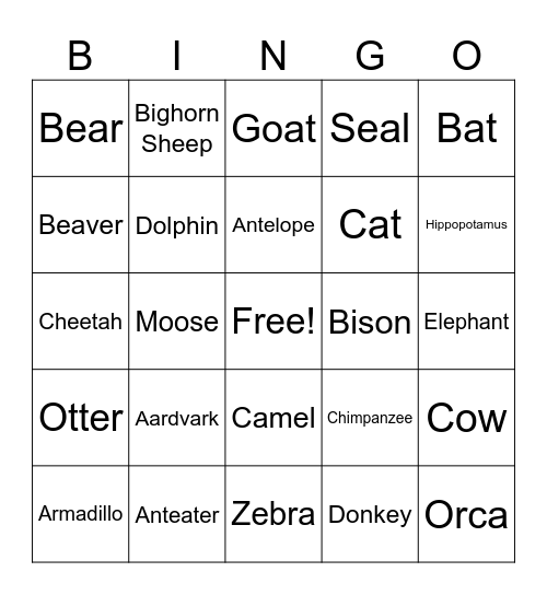 Mammals Bingo Card