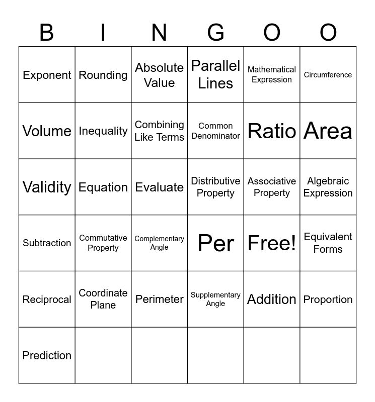 Math Vocabulary Bingo Card