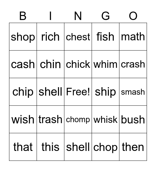 Digraphs Bingo Card