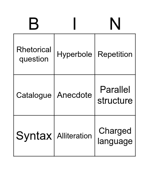Terms Bingo Card
