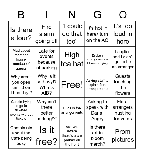 Art in Bloom Bingo Card