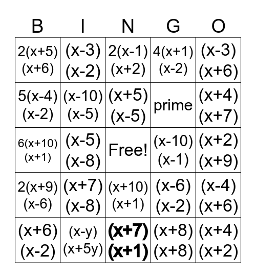 Factoring Quadratic Trinomials Bingo Card