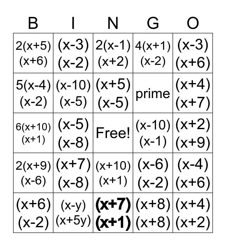 Factoring Quadratic Trinomials Bingo Card