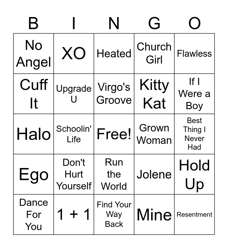 Beyonce BINGO Card