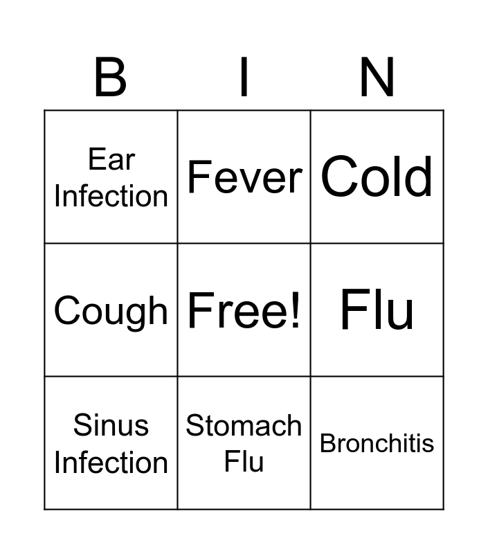 Angela and Arnold's Sickness Bingo Card
