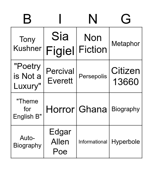 Literature Bingo Card