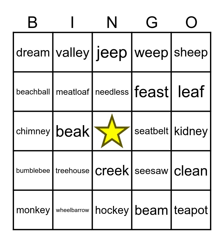 Long e Vowel Teams Bingo Card
