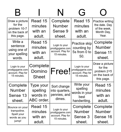 Homework Bingo- Group 2 (1/30) Bingo Card