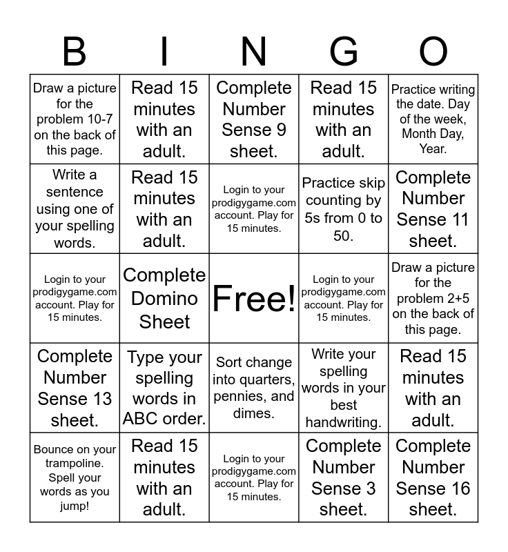 Homework Bingo- Group 2 (1/30) Bingo Card