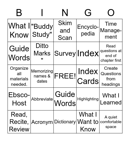 Study Skills Bingo Card