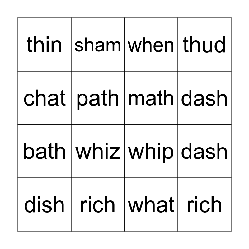 Consonant Digraph Bingo Card