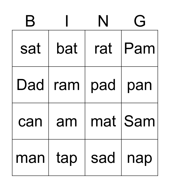 Short A Words Bingo Card