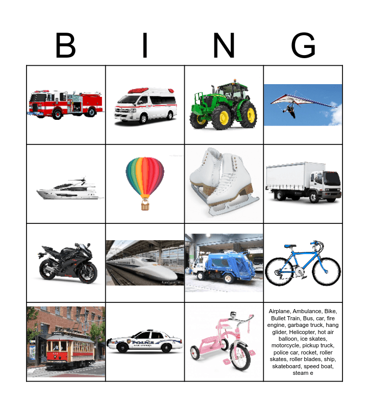 Vehicles Bingo Card