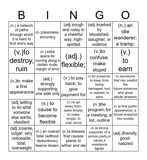 Unit 6 Vocabulary Bingo Card
