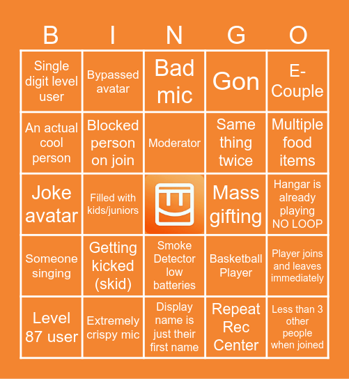 Rec Center Bingo (each server is 5 mins MAX) Bingo Card