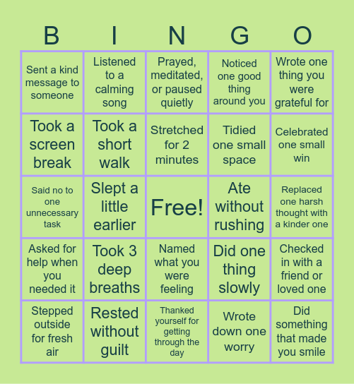 Wellbeing Bingo Card