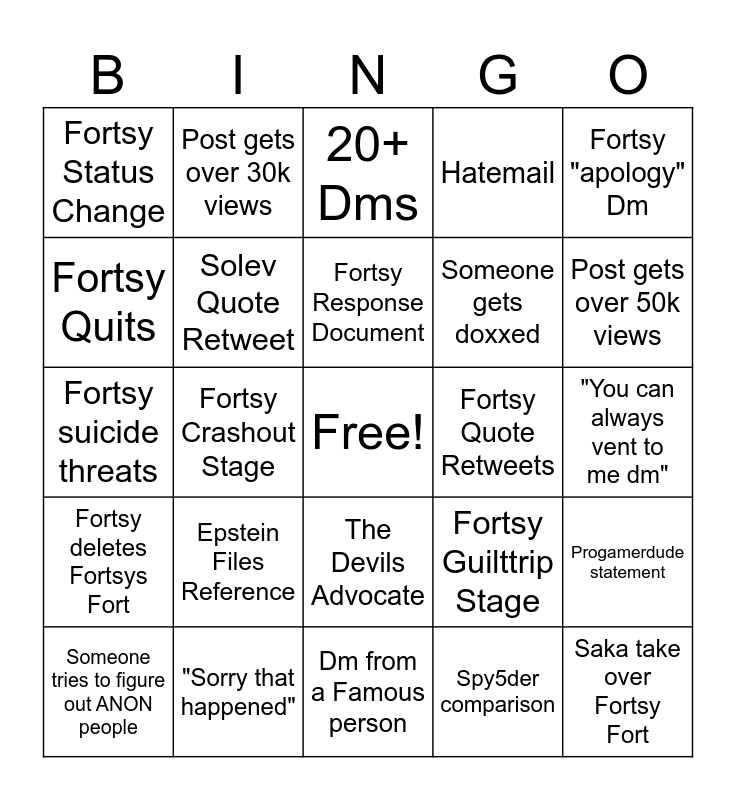 Fortsy Bingo of Doom and Despair Bingo Card