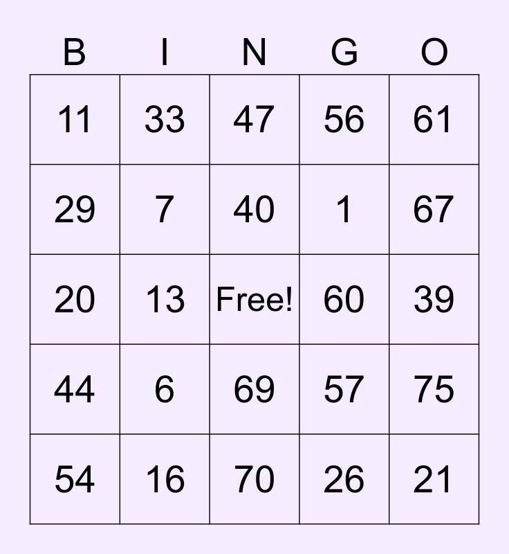 Bingo 1 Bingo Card