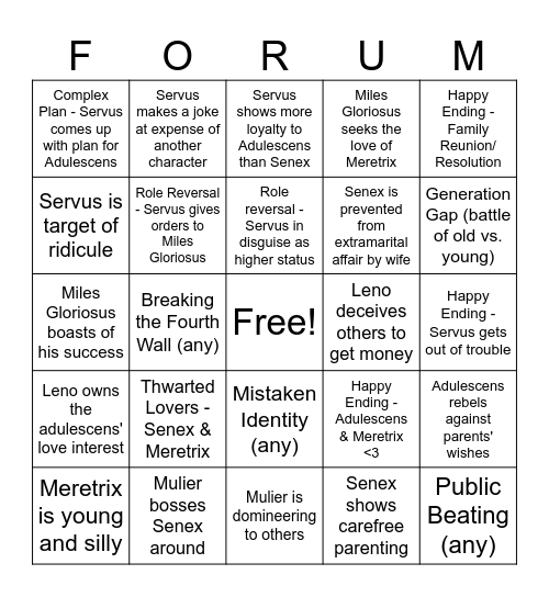 Roman Comedy Tropes in AFTHOTWTTF Bingo Card
